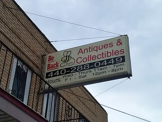 The weathered sign promises treasures within, complete with hours that accommodate both early birds and afternoon browsers.