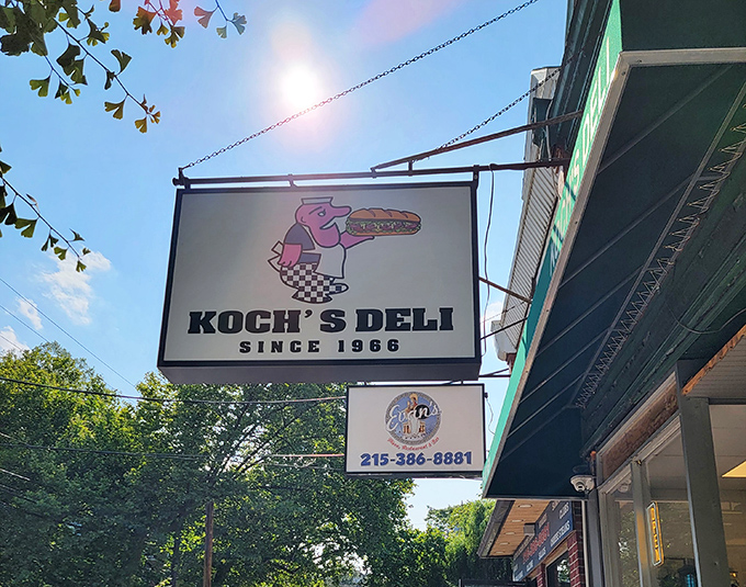 The sign that signals sandwich salvation. Koch's iconic pink pig mascot has guided hungry Philadelphians to pastrami paradise since 1966.