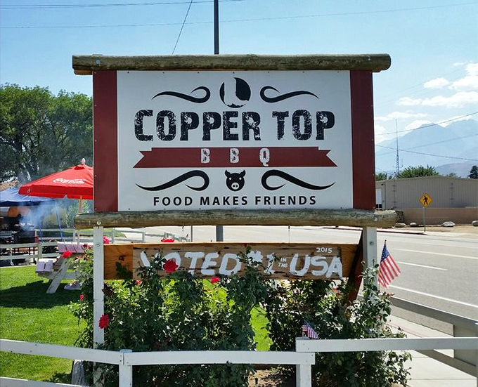 Food Makes Friends isn't just a slogan; it's the Copper Top philosophy, proudly displayed against the Eastern Sierra landscape that makes this BBQ joint truly special.