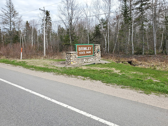 The unassuming entrance to paradise &ndash; Brimley State Park's sign promises little but delivers Michigan magic beyond the treeline.