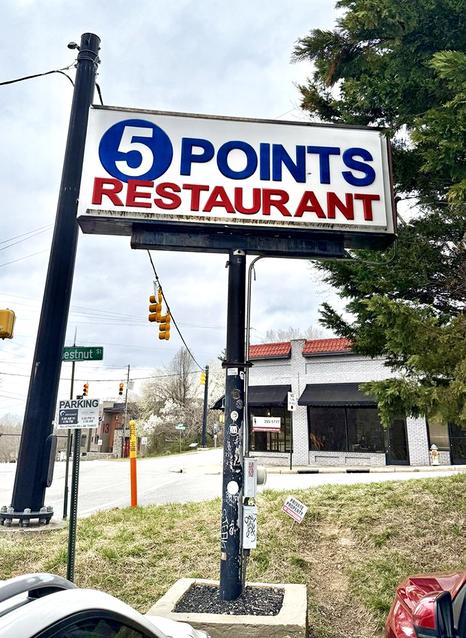 The iconic Five Points sign stands as a beacon for hungry travelers and locals alike&mdash;a North Carolina landmark that promises honest food without pretension.