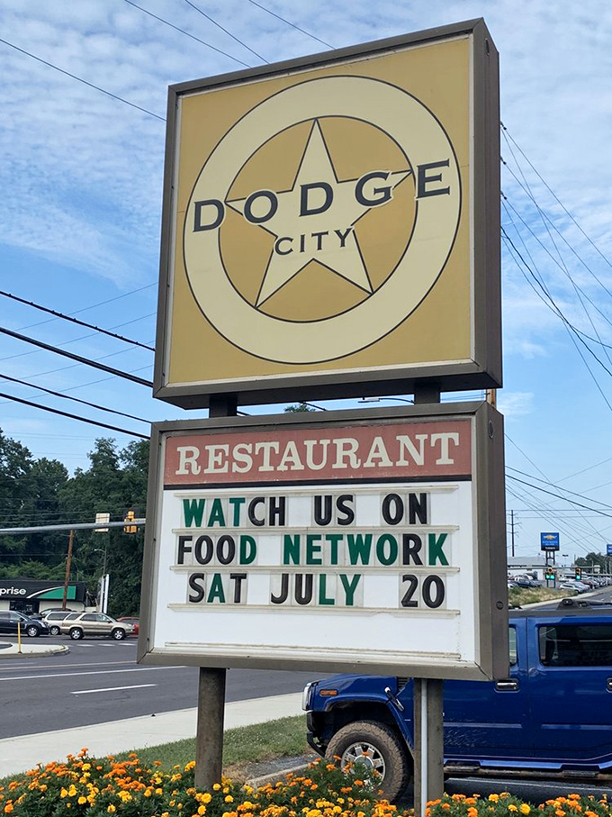 The roadside sign proudly announces the restaurant's Food Network appearance—fame well-deserved for this unassuming Pennsylvania gem.
