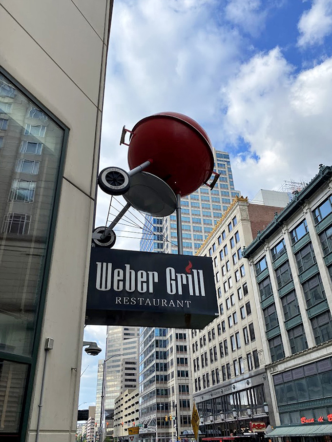 Not just a sign, but a landmark&mdash;Weber's giant red kettle suspended above downtown Indianapolis is like a beacon for the hungry.