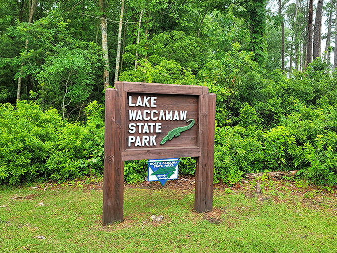 The unassuming entrance sign that marks the boundary between ordinary life and the natural paradise waiting just beyond.