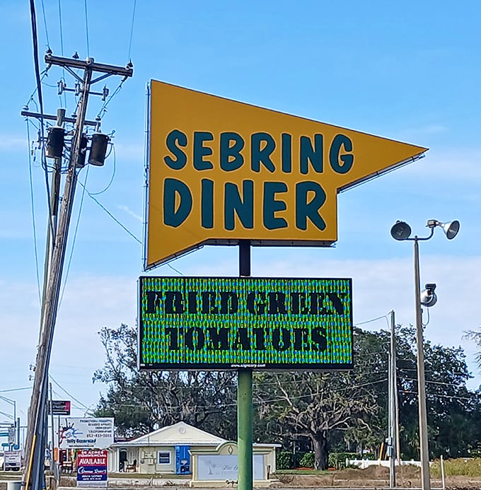 That yellow arrow sign doesn't just point to the diner&mdash;it points to your next great meal. The digital board below is just stating facts about those biscuits and gravy.