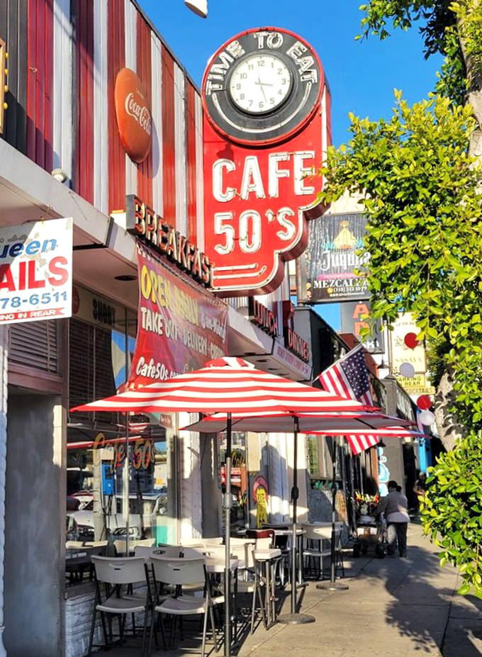 The beacon of breakfast shines bright against the California blue. That neon glow has guided hungry travelers through decades of changing food trends.