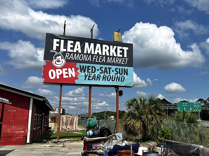 The sign that started it all &ndash; promising treasures Wednesday through Sunday, rain or shine, year-round.