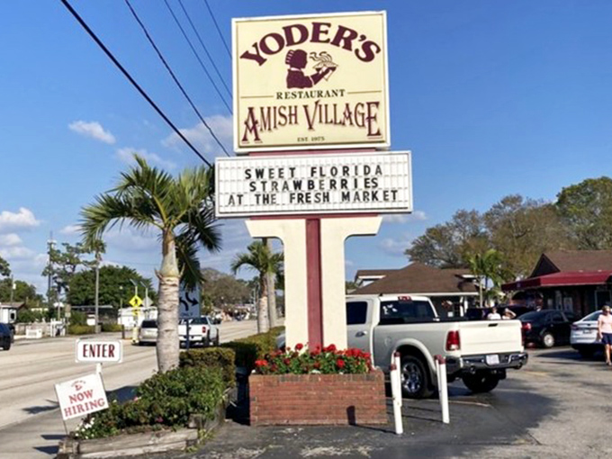 The Yoder's sign stands as Sarasota's most honest roadside attraction—promising simple pleasures that deliver more satisfaction than any theme park could.