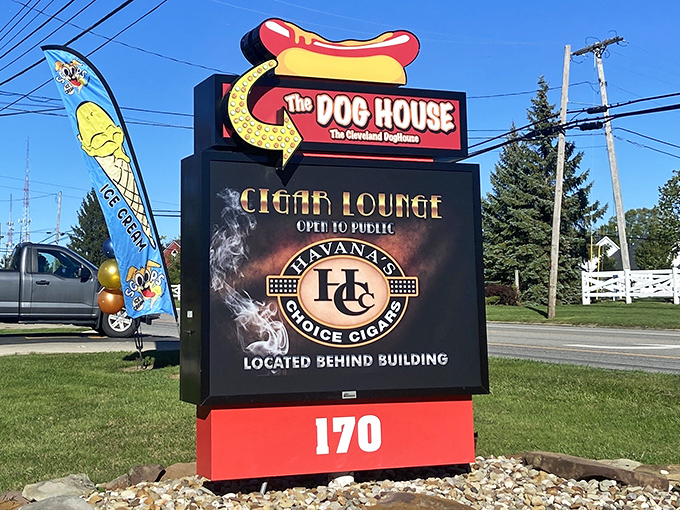 The sign that beckons hungry travelers like a lighthouse for comfort food seekers. Even more impressive: there's a cigar lounge for post-meal relaxation.