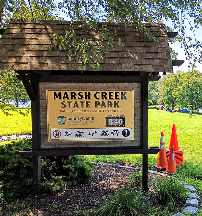The welcoming sign that promises adventure from 8 until sunset. Consider it your official invitation to Pennsylvania's natural playground.