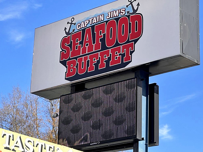 The roadside sign stands as a beacon for seafood pilgrims, promising treasures within that will make you forget you're in the mountains of Tennessee.