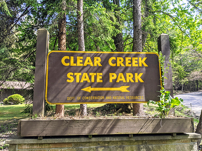The sign says "Clear Creek State Park," but it might as well say "Welcome to the place your stress can't find you."