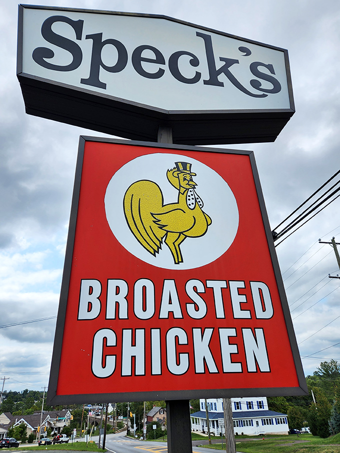 That sign says everything you need to know&mdash;a dapper chicken in a top hat promising broasted perfection. No false advertising here.