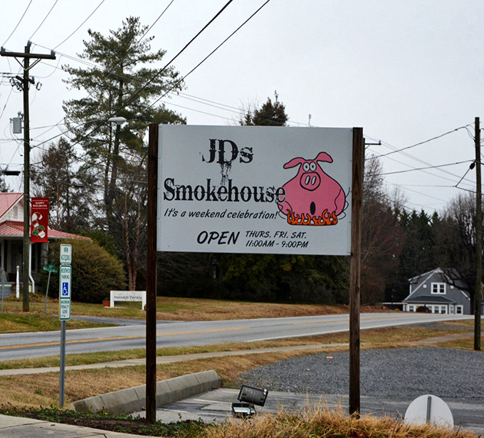 JD's sign featuring a happy pig over flames might seem ironic, but it's barbecue honesty at its finest. Weekend celebration indeed!