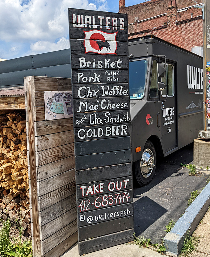 Walter's food truck signage tells you everything you need to know&mdash;this is a place that understands priorities: Brisket, Pork, Cold Beer. The holy trinity of happiness.