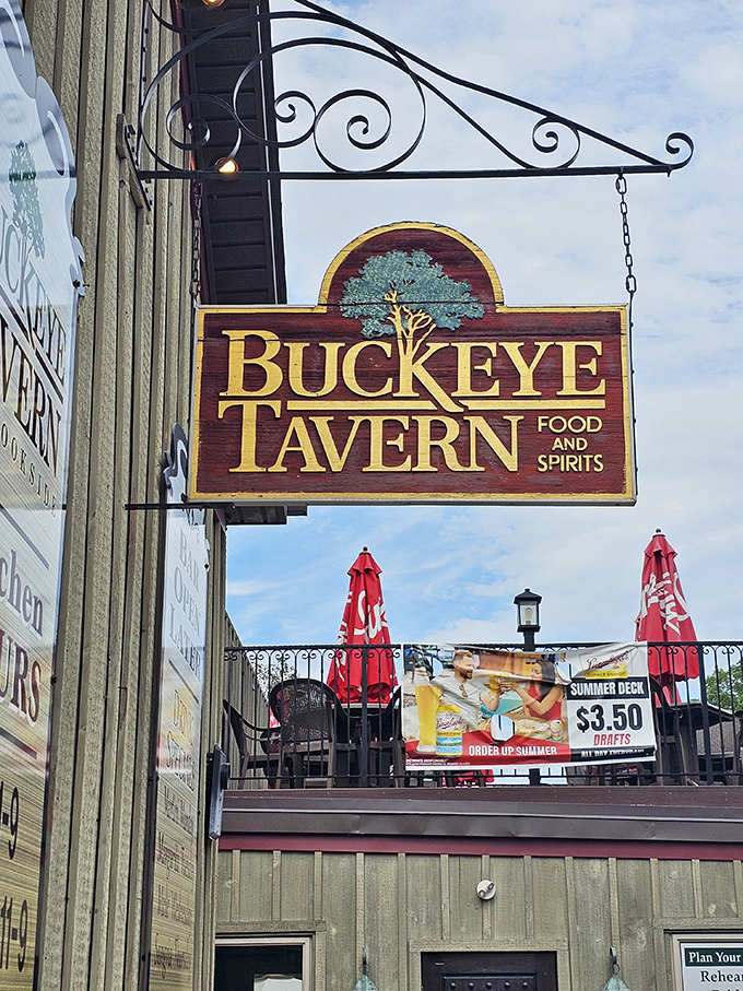 The Buckeye Tavern sign stands proud, a beacon for burger lovers and comfort food seekers alike.