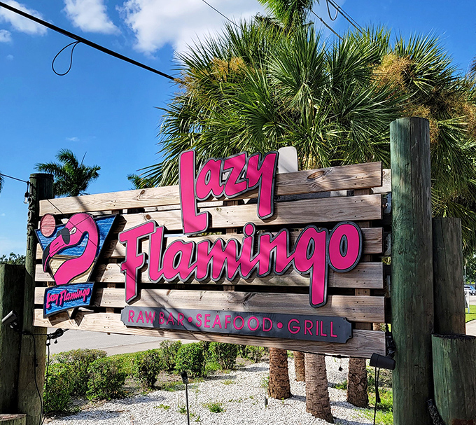 The sign that launched a thousand appetites. Pink flamingo pride announces this seafood sanctuary to hungry travelers and locals alike.