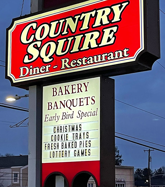 The beacon that's guided hungry travelers for generations &ndash; Country Squire's illuminated sign promising bakery treats, banquets, and those legendary early bird specials.