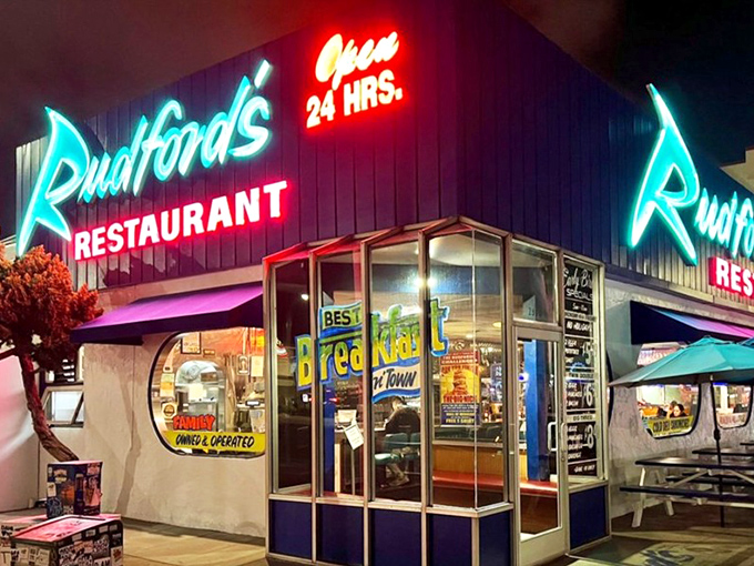 That neon glow at night is basically the bat signal for anyone craving pancakes after dark.
