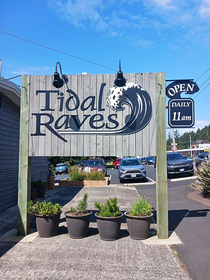 A sign that promises what it delivers&mdash;waves of flavor. The wooden entrance marker welcomes hungry visitors to one of Oregon's coastal treasures.