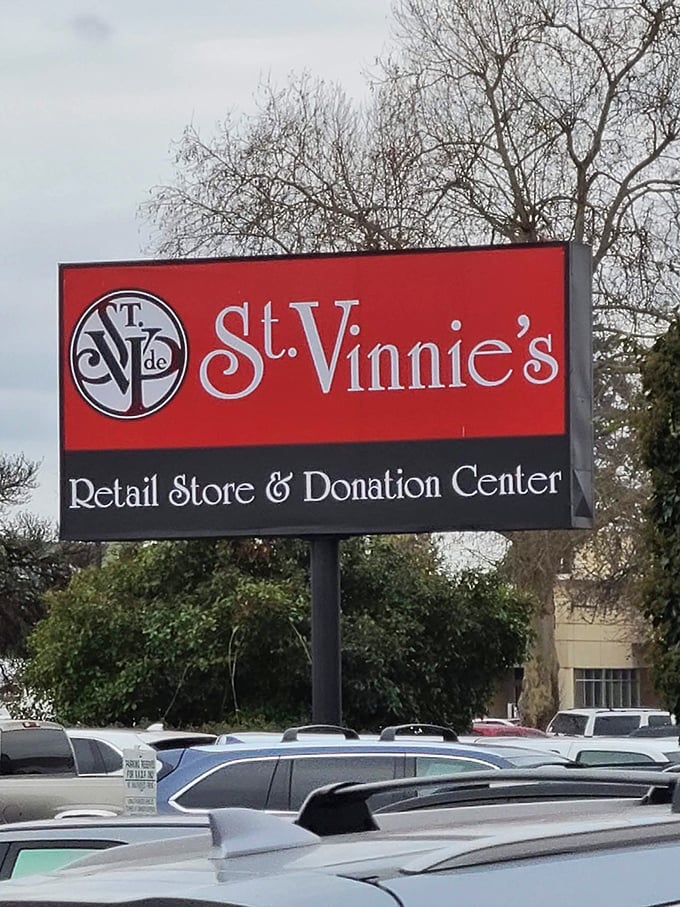 The St. Vinnie's sign proudly announces its dual mission: retail therapy and donation destination. Oregon's thrift empire welcomes all.