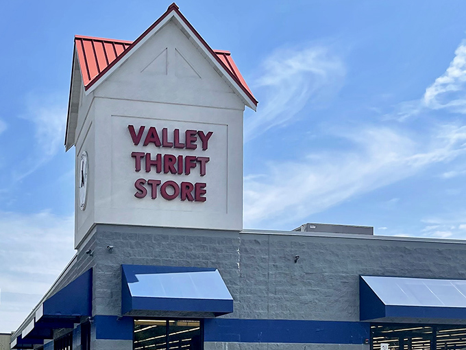 The distinctive Valley Thrift tower stands like a lighthouse, guiding bargain-seekers safely to the shores of secondhand splendor.