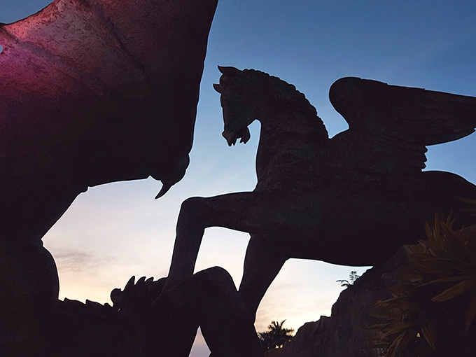 Sunset silhouettes transform familiar figures into mysterious shadows dancing against the Florida sky.
