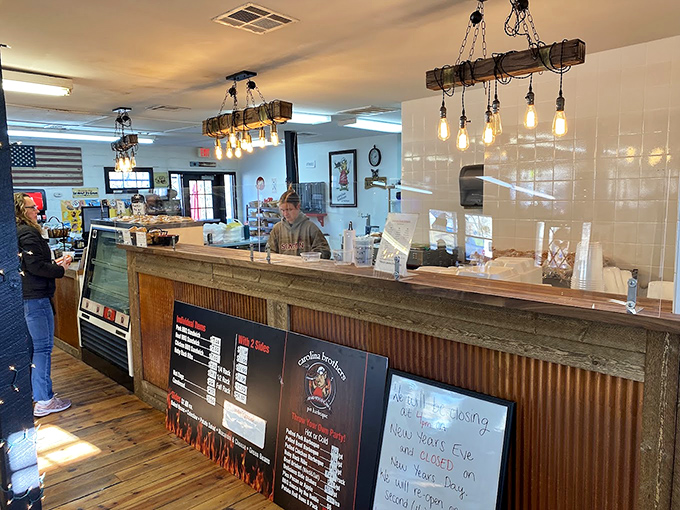 The counter where BBQ dreams come true. Those Edison bulbs aren't just for show&mdash;they're illuminating your path to smoked meat nirvana.