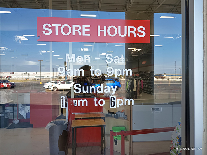 The hours of operation&mdash;a crucial piece of intel for serious thrifters planning their strategic strikes. The early bird catches the vintage concert tee.