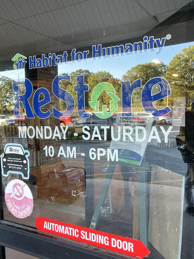 The welcoming entrance announces generous hours six days a week. Like any good treasure map, this sign points the way to adventure.