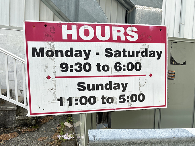 Store hours posted like a treasure map's legend &ndash; X marks the spot for savings.