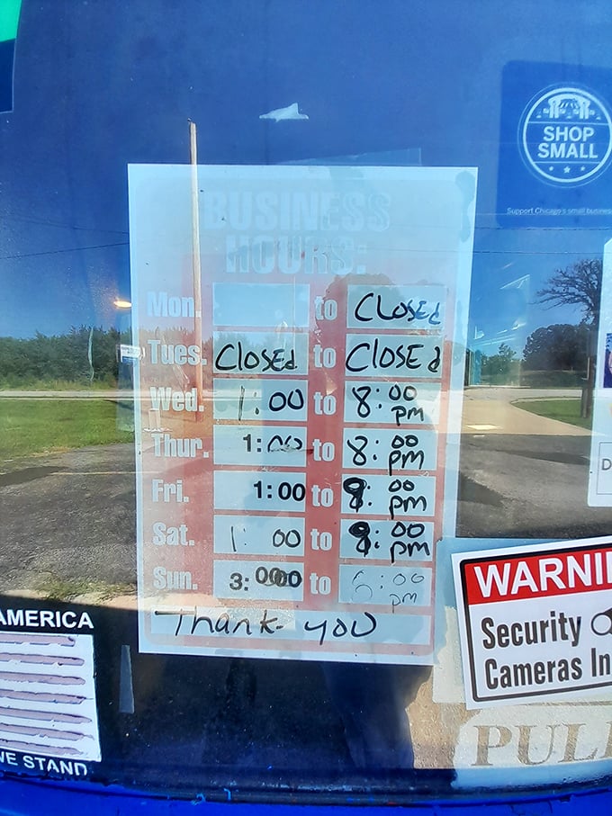 Those handwritten hours speak volumes about the charm of small businesses. Someone actually took a marker and decided Tuesday needed a day off.