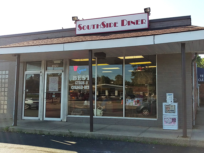 The storefront proudly advertising its gyros and corned beef&mdash;a modest exterior that belies the extraordinary breakfast treasures waiting inside.