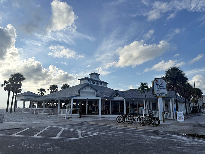 As day fades to dusk, Palm Pavilion's silhouette against the evening sky reminds us why beachside dining never goes out of style.