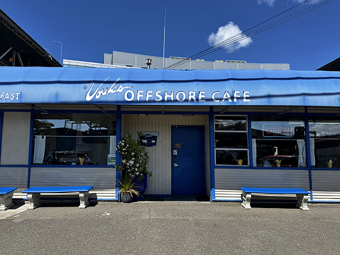 Blue trim against white walls&mdash;Voula's doesn't need fancy architecture when what's inside is architectural perfection on a plate.