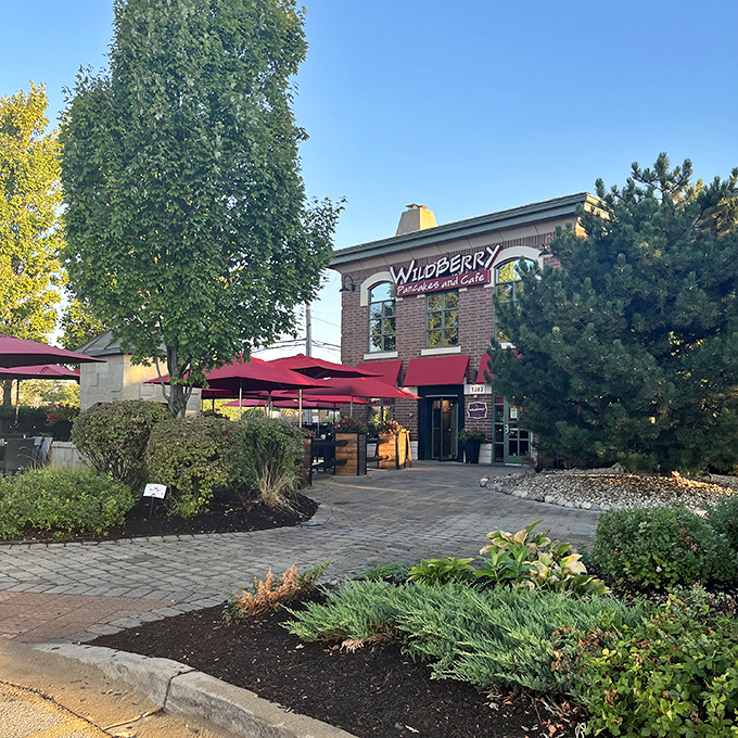 Morning sunshine illuminates Wildberry's welcoming exterior, promising pancake perfection to all who enter. The breakfast promised land awaits.