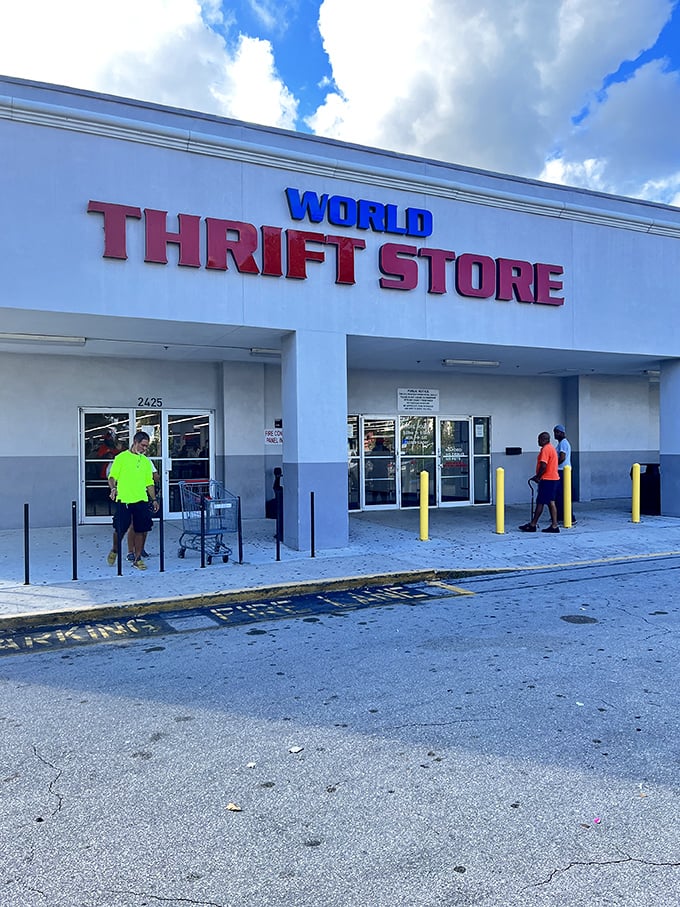 Under Florida's dramatic sky, World Thrift's entrance promises air-conditioned adventure and the thrill of the unexpected find.