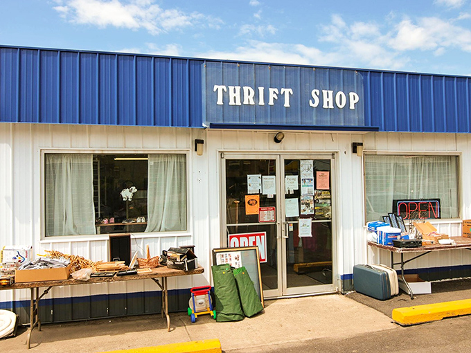 The welcoming storefront says it all&mdash;treasures await both inside and on the sidewalk tables. Thrifting adventure begins at the threshold.