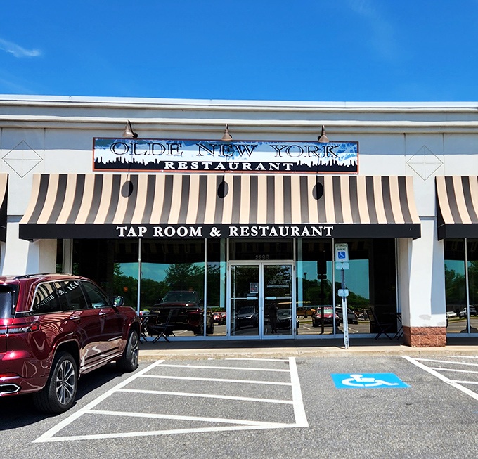 In the light of day, Olde New York's storefront stands ready, like a culinary lighthouse guiding hungry travelers to pierogi paradise.