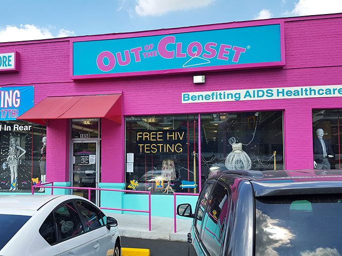 The unmistakable storefront proudly announces its dual mission: fabulous finds and healthcare advocacy in one vibrant package.