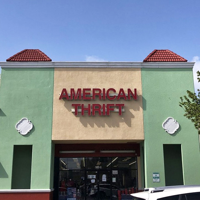 American Thrift under cloudless Florida skies&mdash;where the hunt for secondhand treasures is always in season. The red tile roofs add a touch of Mediterranean flair.
