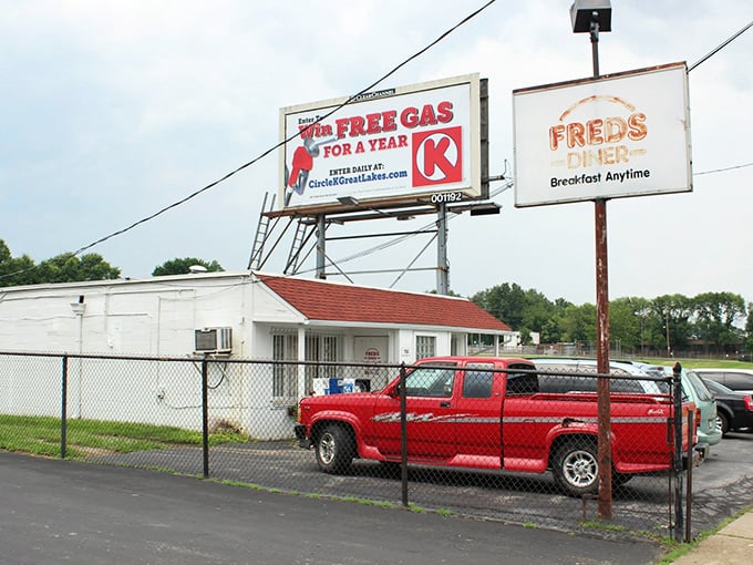 The roadside view of Fred's Diner promises "Breakfast Anytime"&mdash;three syllables that might be the most beautiful phrase in the English language.