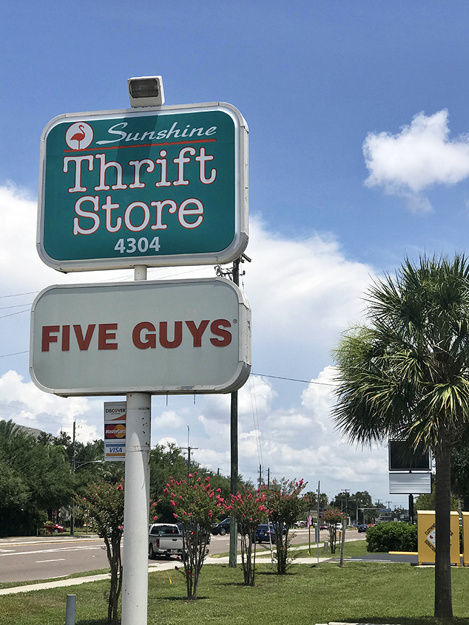 The iconic sign shares space with Five Guys &ndash; because hunting for vintage treasures works up an appetite that only a double cheeseburger can satisfy.