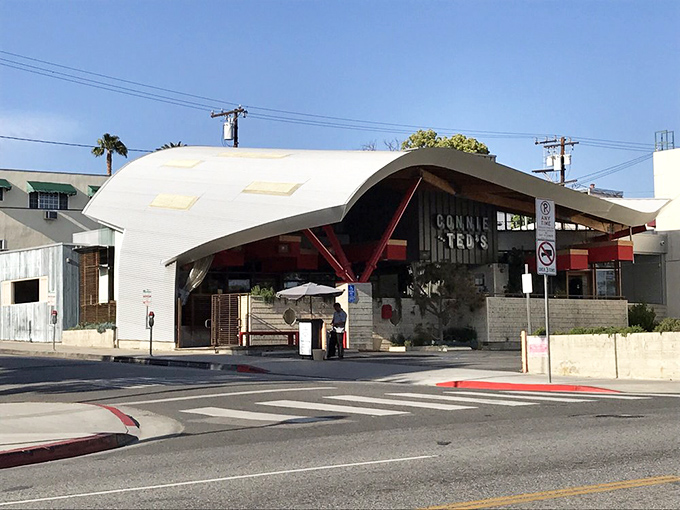 From the street, Connie and Ted's distinctive silhouette stands as a modern landmark on Santa Monica Boulevard&mdash;a beacon for seafood lovers across Los Angeles.