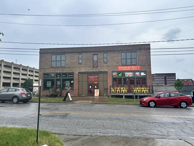 Even on rainy days, Railroad Bill's brick exterior stands as a beacon of breakfast hope&mdash;a promise of warmth, comfort, and chicken and waffles inside.