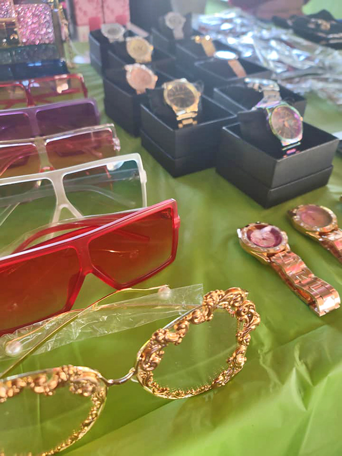 Vintage-inspired sunglasses neighbor modern watches in a display that perfectly captures the flea market's timeless appeal—something old, something new, something borrowed, something cool.