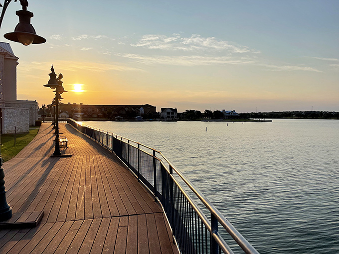 As the sun sets over Lake Granbury, the boardwalk offers front-row seats to nature's nightly masterpiece&mdash;no tickets required, just appreciation.