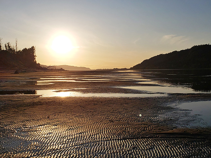 As the sun sets over the Columbia River, rippled sand catches golden light in a display that makes smartphone cameras utterly inadequate.