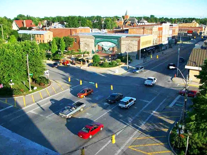 This bird's-eye view reveals Bucyrus's thoughtful layout, with its walkable downtown, ample parking, and green spaces creating a livable community on a human scale.