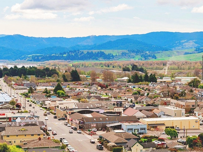From above, Fortuna reveals itself as a perfect patchwork of homes, businesses, and community spaces, nestled in the embrace of Humboldt's hills.